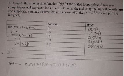 Solved 1. Compute the running time function Tn) for the | Chegg.com