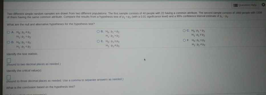 Solved E Question Help Two different simple random samples | Chegg.com