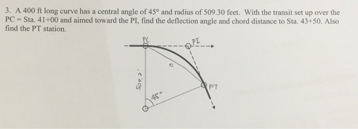 Solved A 400 ft long curve has a central angle of 45 degree | Chegg.com