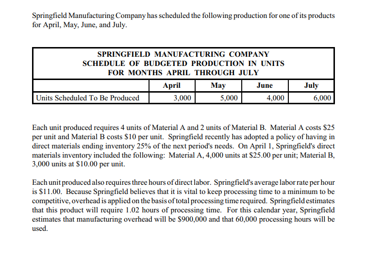 Solved Springfield Manufacturing Company has scheduled the | Chegg.com