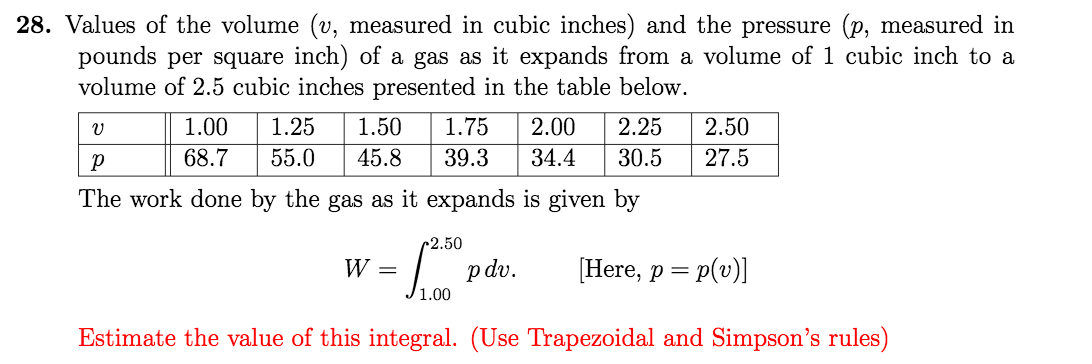 Solved Values of the volume (v, measured in cubic inches) | Chegg.com