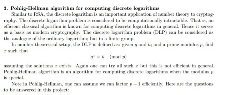 Solved 3. Pohlig-Hellman algorithm for computing discrete | Chegg.com