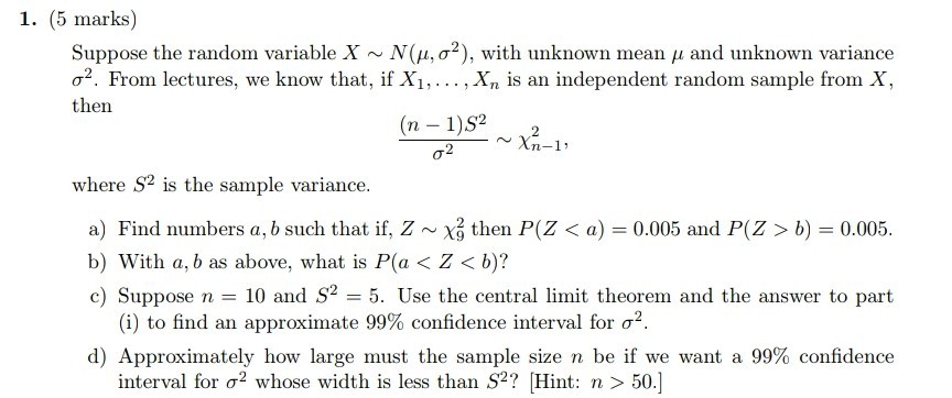 Solved 1. (5 marks) Suppose the random variable X ~ N μ, | Chegg.com