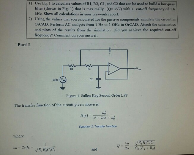 Solved 1) Use Eq. 1 to calculate values of R1, R2, C1, and | Chegg.com