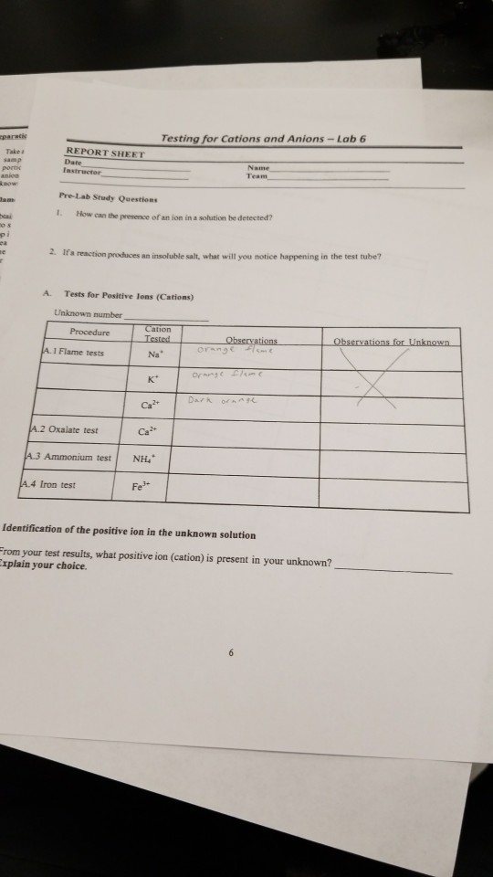 Solved Testing for Cations and Anions -Lab 6 REPORT SHEET | Chegg.com