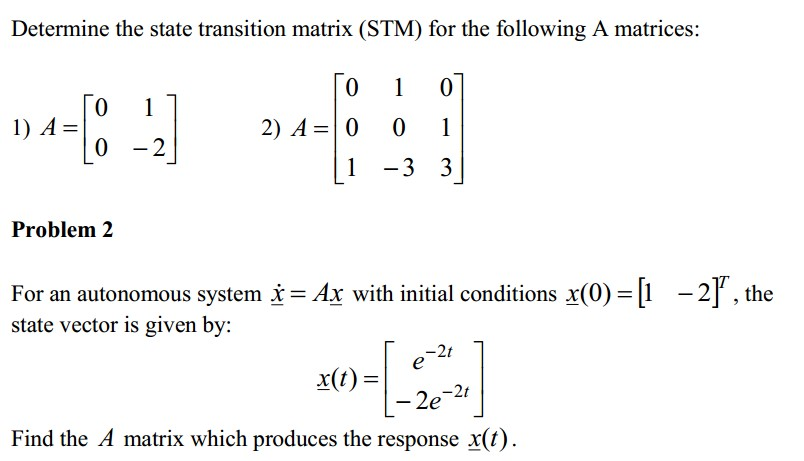 Solved Determine The State Transition Matrix Stm For The