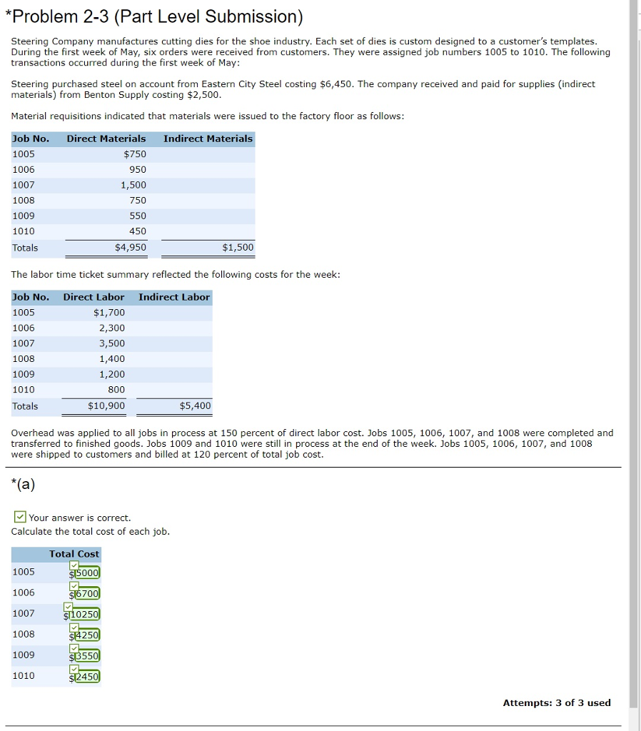 Solved *Problem 2-3 (Part Level Submission) Steering Company | Chegg.com