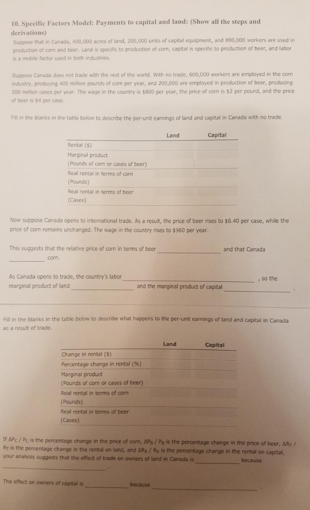 Solved 10. Specific Factors Model: Payments to capital and | Chegg.com