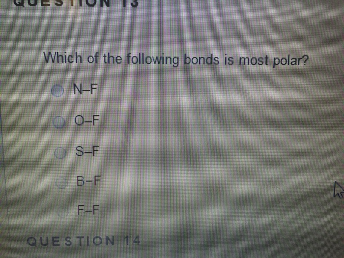Solved Which of the following bonds is most polar?N-F O-F | Chegg.com