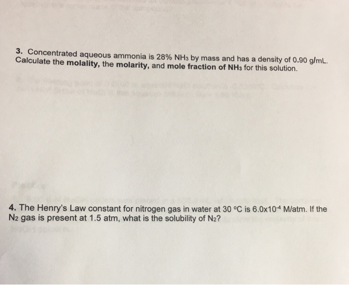 Solved Concentrated aqueous ammonia is 28% NH3 by mass and | Chegg.com