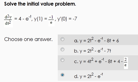 Solved Solve the initial value problem. d2y/dt2 = 4 - e-t, | Chegg.com