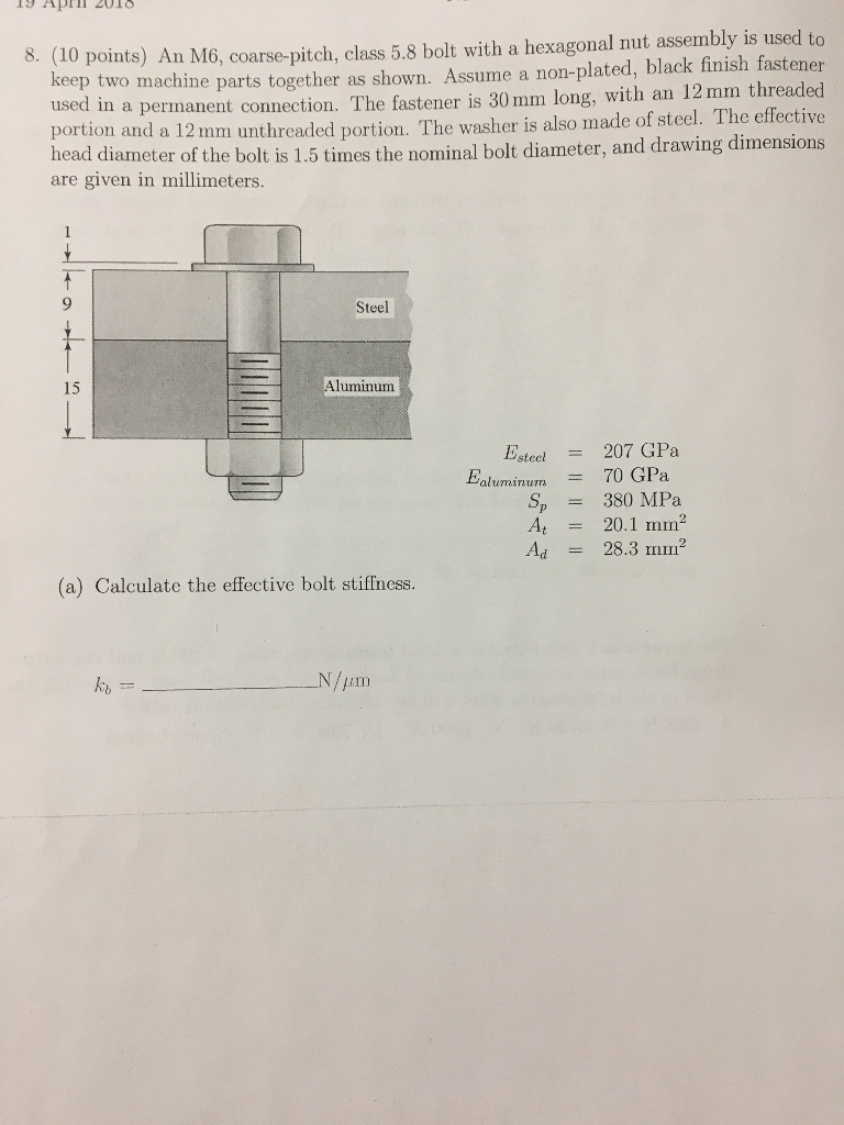 Solved pr 16 8. (10 points) An M6, coarse-pitch, class 5.8 | Chegg.com