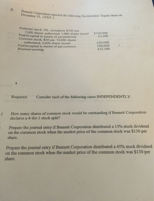 Solved II. Bennett Corporation reported the following Stoc | Chegg.com