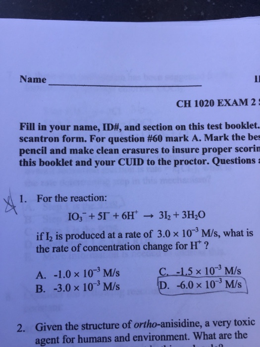 Solved 1. For the reaction: IO3- + 5I- + 6H+ 3I2 + 3H2O if | Chegg.com