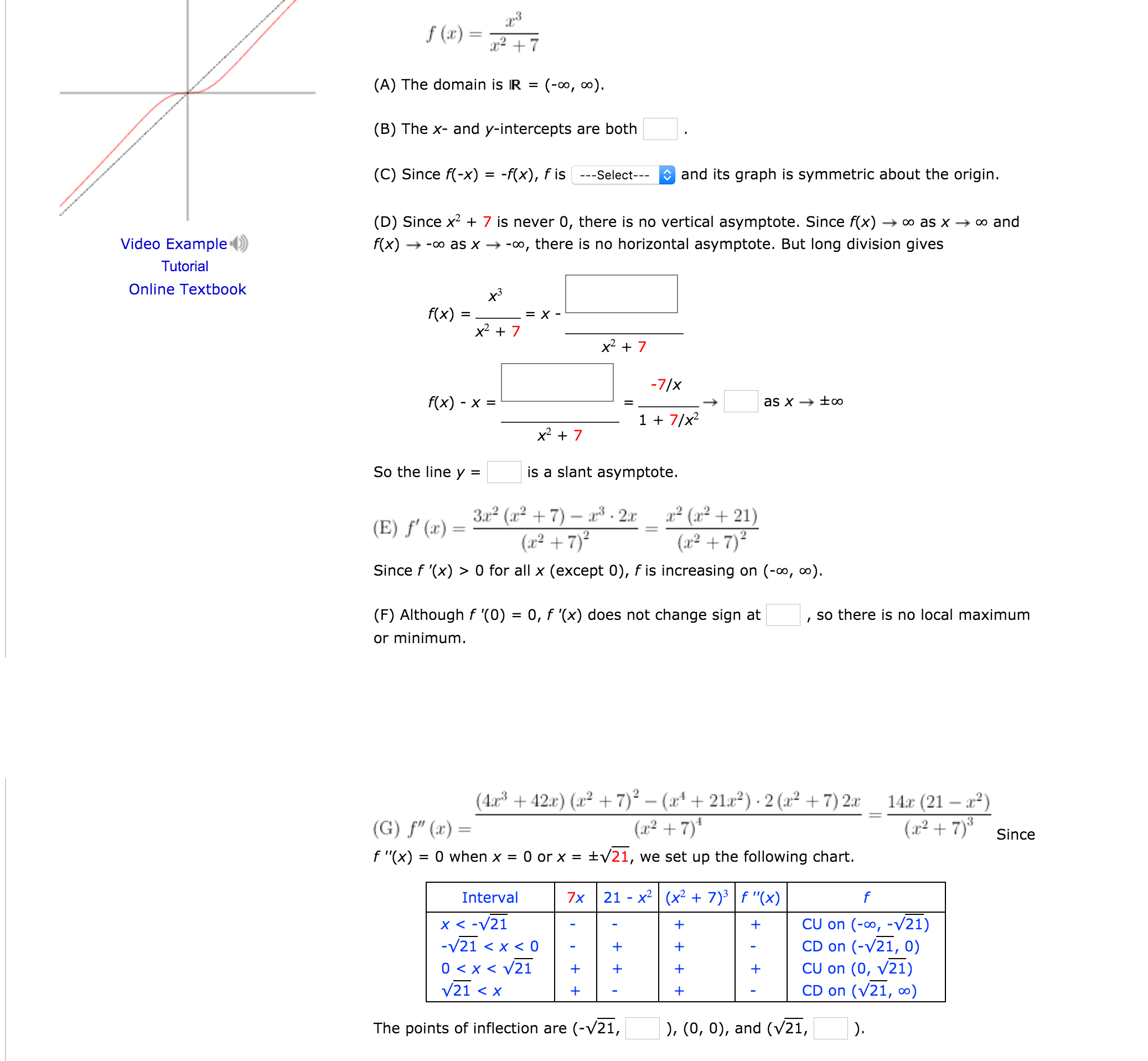 Solved f (x) = x^3/x^2 + 7 The domain is |R = (-infinity, | Chegg.com