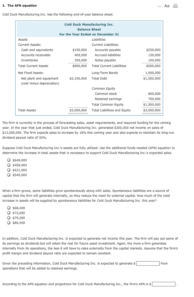 Solved 1. The AFN equation Aa Aa Cold Duck Manufacturing | Chegg.com