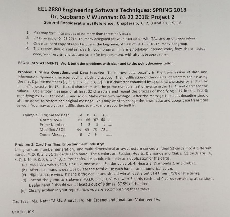 Solved EEL 2880 Engineering Software Techniques: SPRING 2018 | Chegg.com
