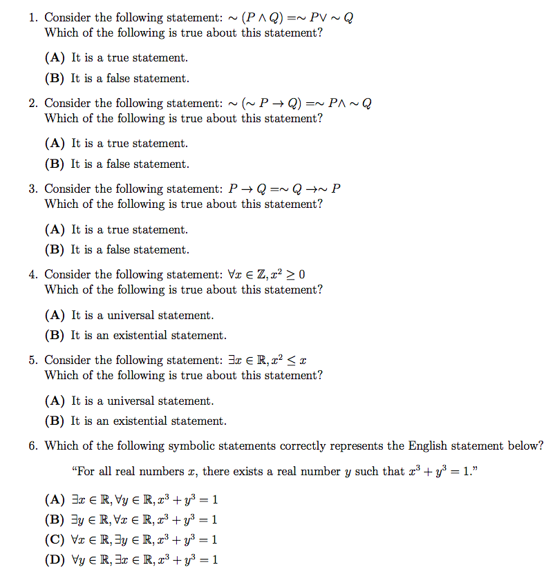 Solved I. Consider the following statement: ~ (P Λ Q) =~ PV | Chegg.com