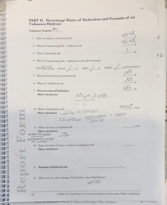 Solved Percentage Water of Hydration and Formula of an | Chegg.com