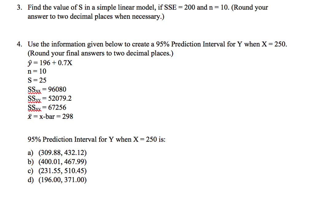 Solved Find the value of s in a simple linear model, if SSE | Chegg.com