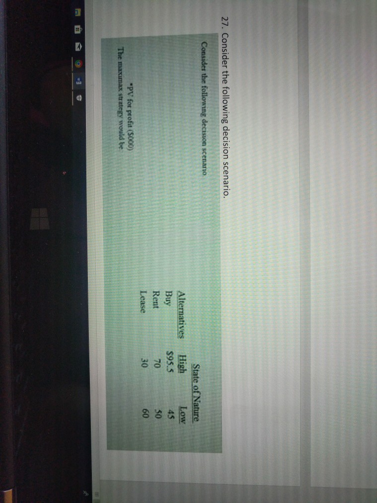 Solved 27. Consider the following decision scenario. | Chegg.com Solved 27. Consider the following decision scenario. | Chegg.com