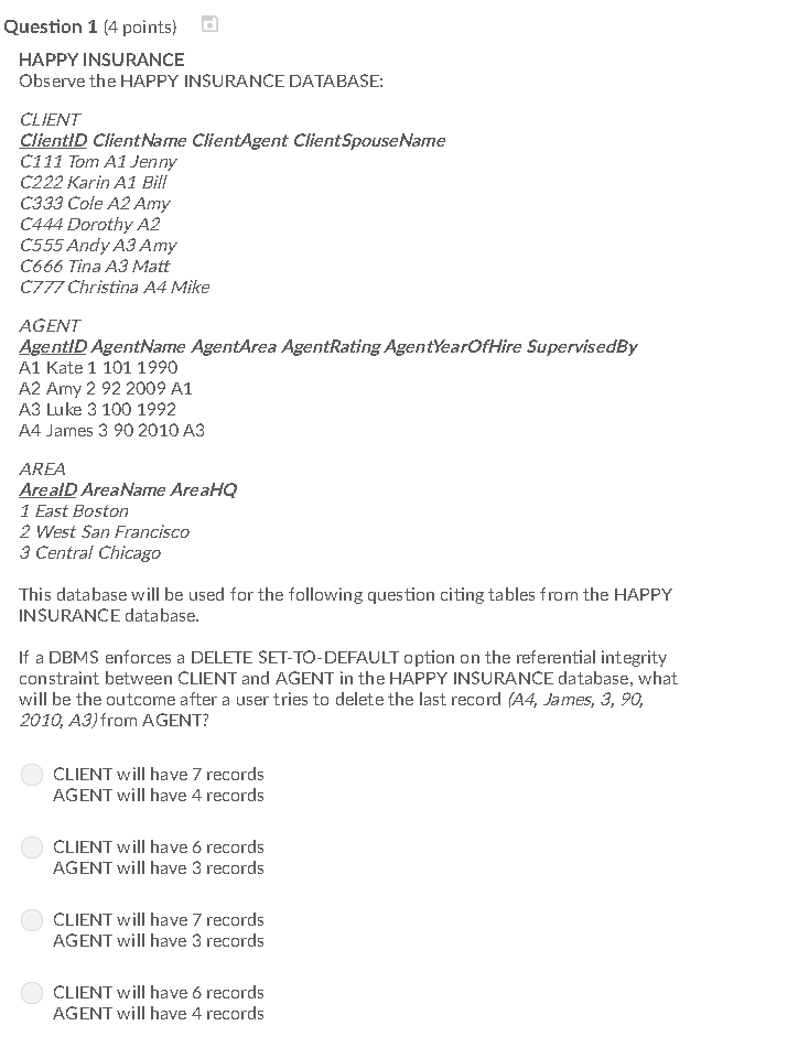 Solved Question 1 (4 points) HAPPY INSURANCE Observe the | Chegg.com