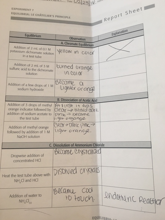 Solved Date Experiment Equilibria Le Chateliers