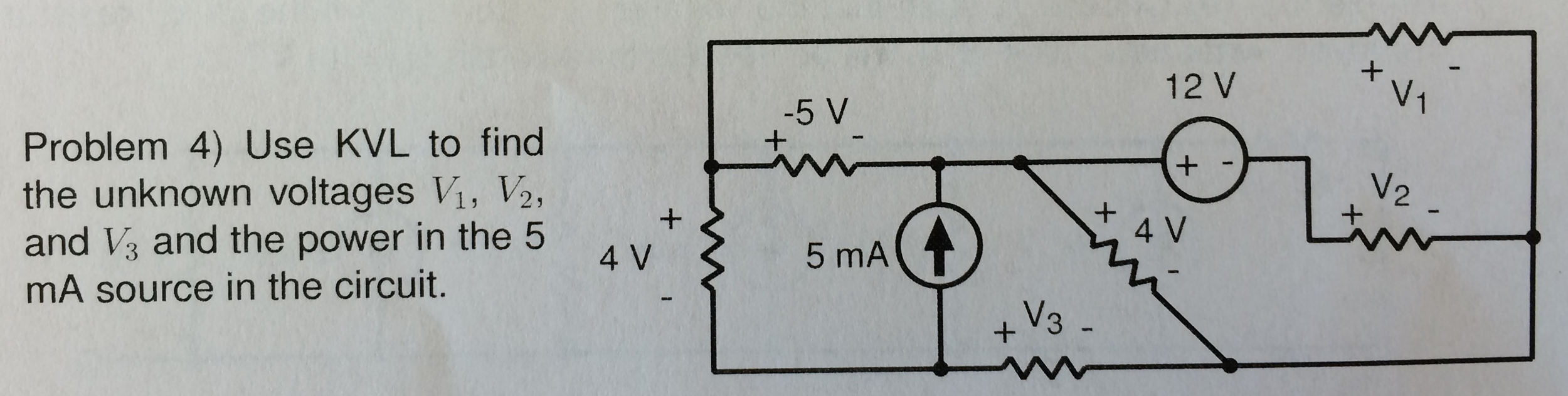 Solved Using KVL, find V1, V2, V3, and power in the 5mA | Chegg.com