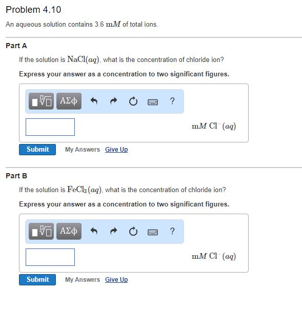 Solved Problem 4.10 An aqueous solution contains 3.6 mM of | Chegg.com