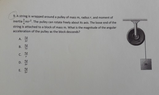Solved 9. A string is wrapped around a pulley of mass m, | Chegg.com