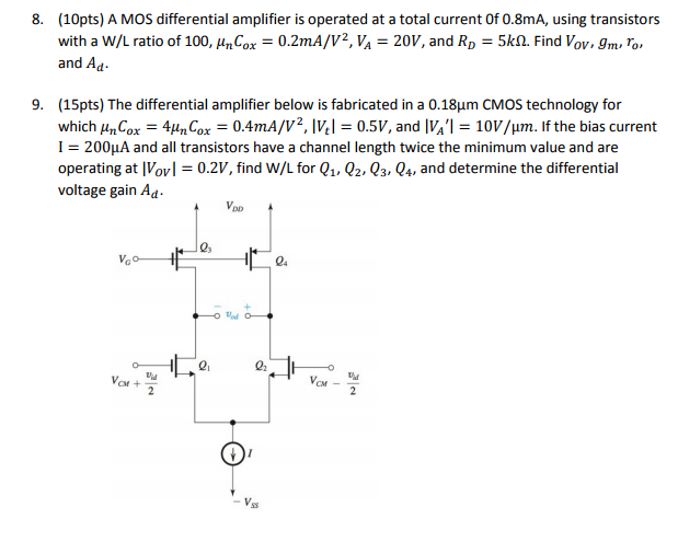 Solved A MOS differential amplifier is operated at a total | Chegg.com