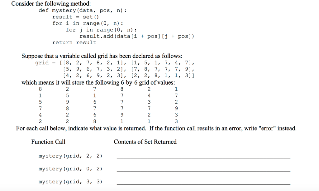 Solved Consider the following method: def mystery (data, | Chegg.com