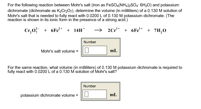 Solved For the following reaction between Mohr\'s salt (iron | Chegg.com