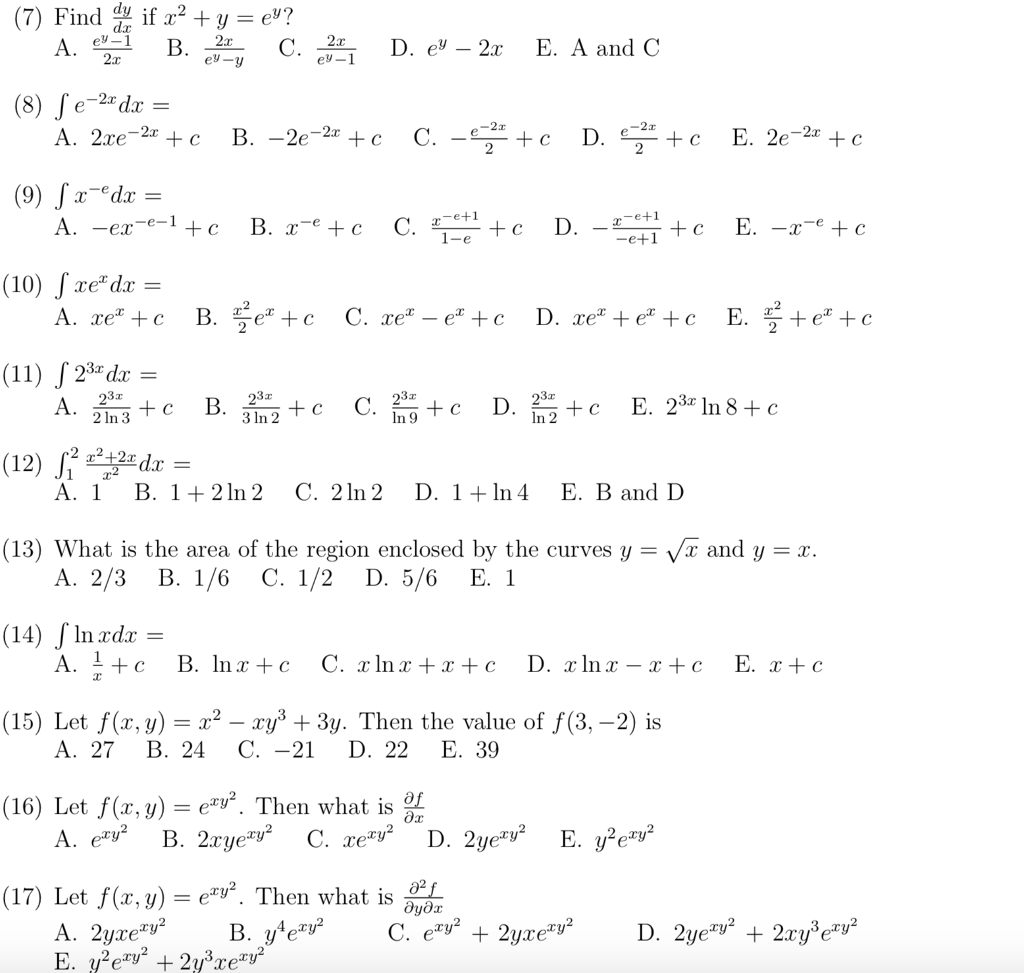 Solved (7) Find if x2 + y = ey? B. _ C. e2x? D. ey_2x E. A | Chegg.com