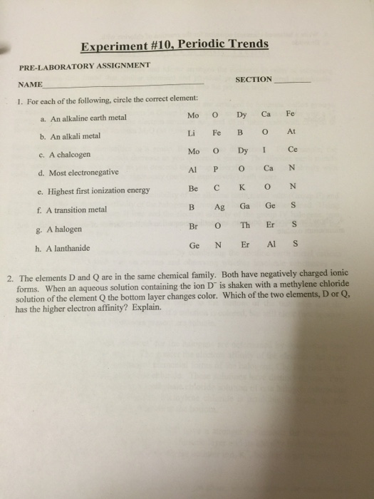 Solved Experiment #10. Periodic Trends PRE-LABORATORY | Chegg.com