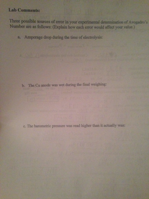 Lab Comments: Three possible sources of error in | Chegg.com