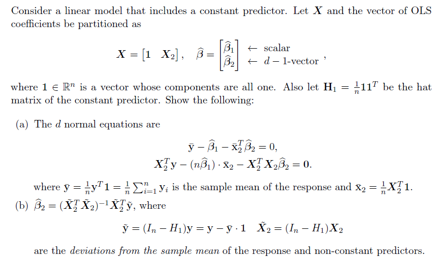 Consider a linear model that includes a constant | Chegg.com