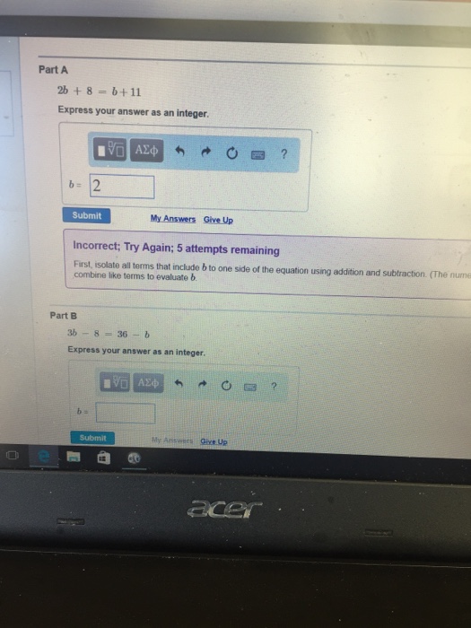 Solved 2b + 8 = 6 + 11 Express your answer as an integer. | Chegg.com