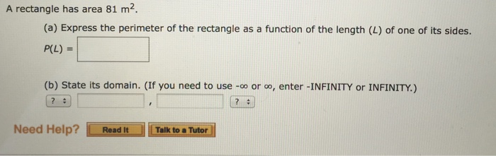 Solved A rectangle has area 81 m^2. Express the perimeter | Chegg.com
