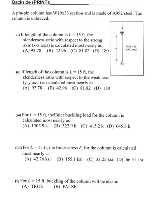 Solved Backside (PRINT) A pin-pin column has W10x33 section | Chegg.com