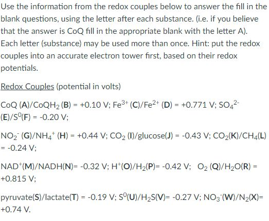 Solved Use the information from the redox couples below to | Chegg.com