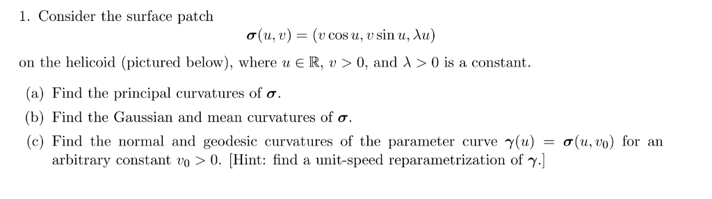 Solved 1. Consider the surface patch σ(u, v)-(v cos u, u sin | Chegg.com