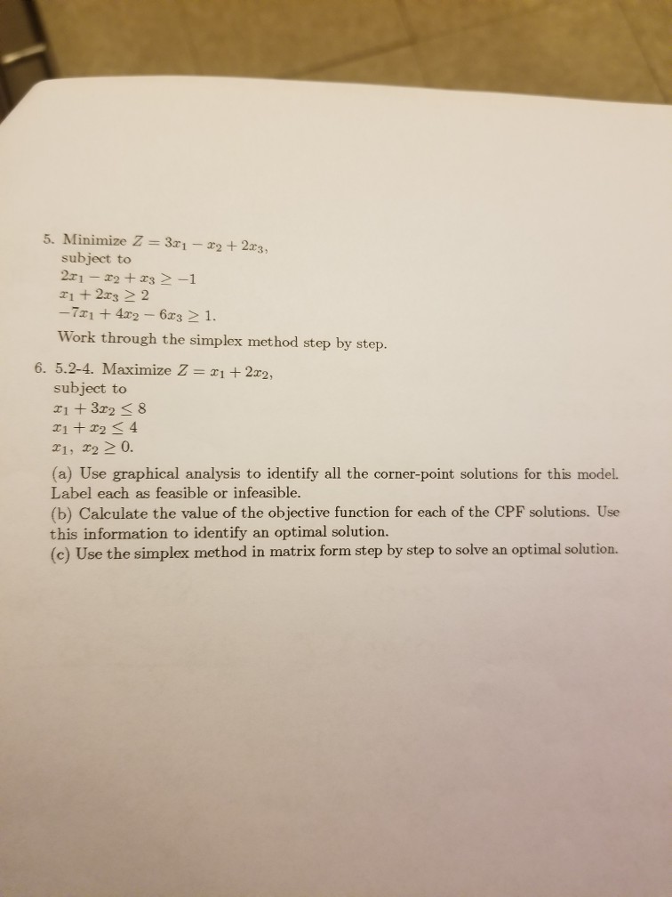Solved 5. Minimize Z = 3x1-x2 + 2x3, subject to Work through | Chegg.com