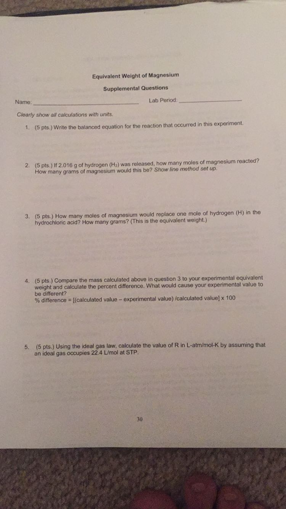 EQUIVALENT WEIGHT REPORT SHEET Abdullah Name Lab | Chegg.com