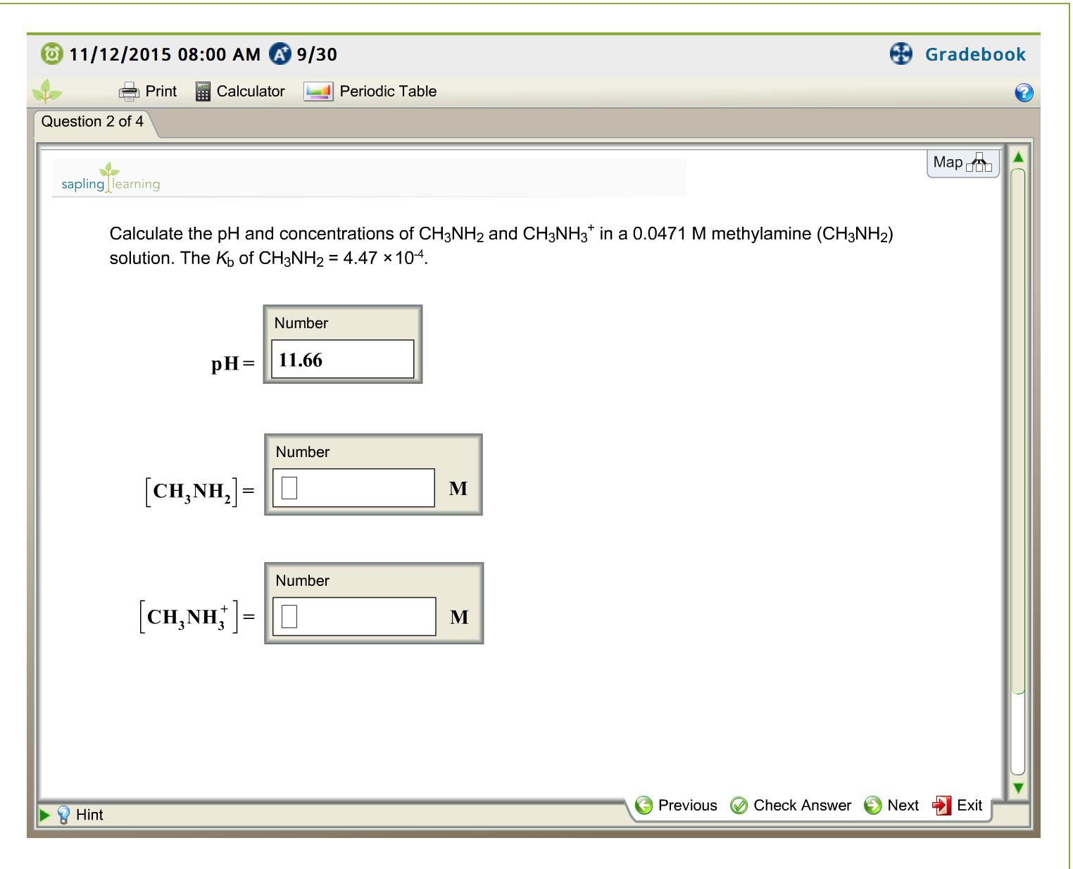 Solved Calculate the pH and concentrations of CH3NH2 and | Chegg.com