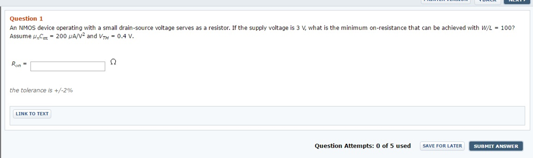 Solved An NMOS device operating with a small drain-source | Chegg.com