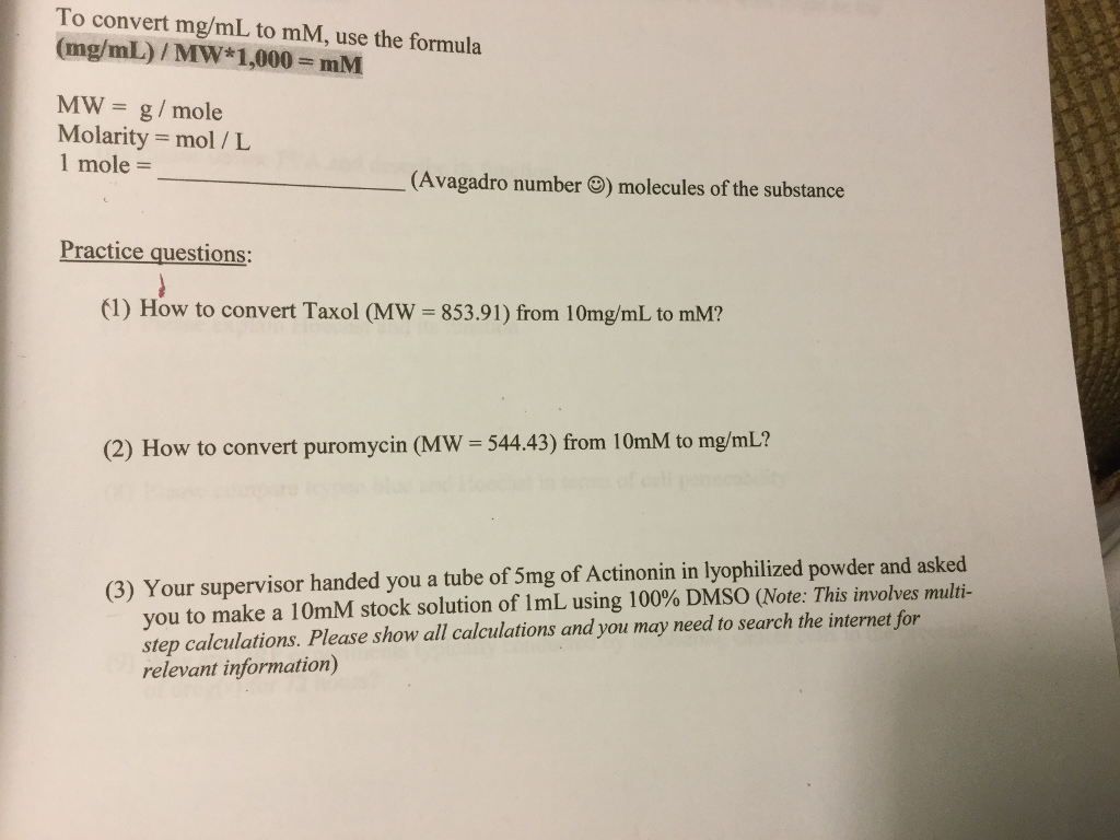 Solved To Convert Mg mL To MM Use He Formula Chegg