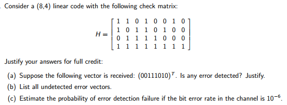 Consider a (8,4) linear code with the following check | Chegg.com