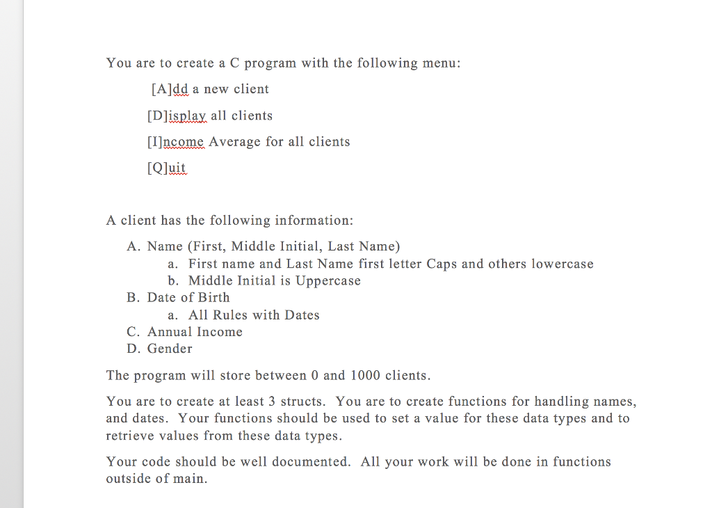 Solved You are to create a C program with the following | Chegg.com