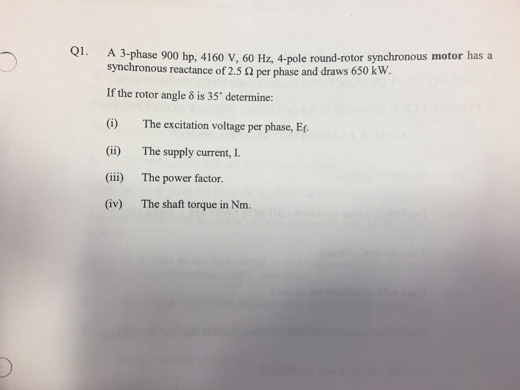 Solved 01. A 3-phase 900 hp, 4160 V, 60 Hz, 4-pole | Chegg.com